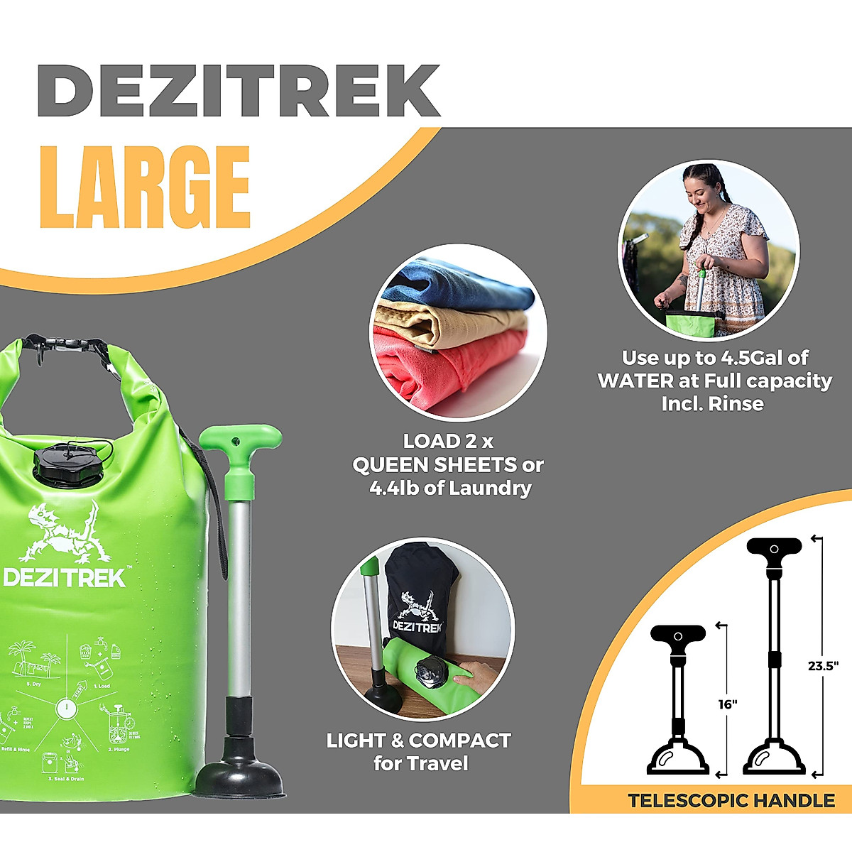 Dezitrek LARGE All in One Hand Wash Bag and Plunger Set - Off Grid Washing Machine Non Electric for Camping Travel | Eco Friendly Portable Manual Clothes Washer Laundry Bag for RV's, Apartments
