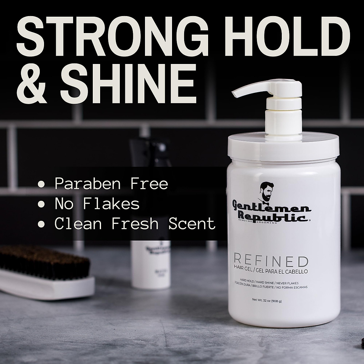 Gentlemen Republic 32oz Refined Hair Gel - Professional Formula for 24 Hour Shine and Hold, Humidity Resistant, 100% Alcohol-Free and Never Flakes, Made in the USA - With Pump