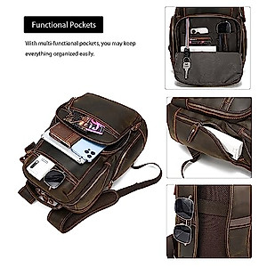 LANNSYNE Vintage Full Grain Genuine Leather Backpack For Men, fits 16" Laptop Travel Hiking Bag Camping Rucksack Brown