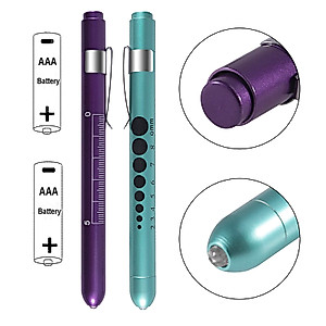 ALMOCN 4 Pack Pen Light,Nurse Medical Reusable LED Penlight White Light with Pupil Gauge and Ruler,2 Pack Teal + 2 Pack Purple