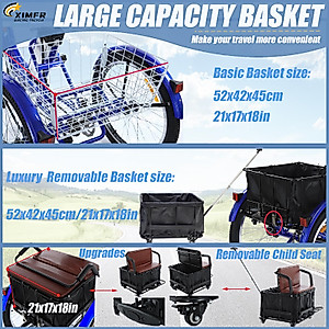 XIMFR 3 Wheel Electric Bicycle 24 Inches Tricycle Bikes Trikes for Adults with Fixed Basket to Use for Shopping Trips（Motor:350W Removable Lithium Battery:48V 13Ah）