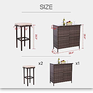 Polar Aurora 3PCS Patio Bar Set with Stools and Glass Top Table Patio Wicker Outdoor Furniture with Beige Removable Cushions for Backyards, Porches, Gardens or Poolside