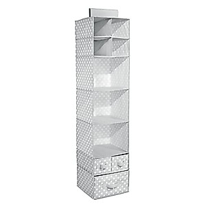 mDesign Soft Fabric Over Closet Rod Hanging Storage Organizer with 7 Shelves and 3 Removable Drawers for Child/Kids Room or Nursery - Polka Dot Pattern - Light Gray with White Dots