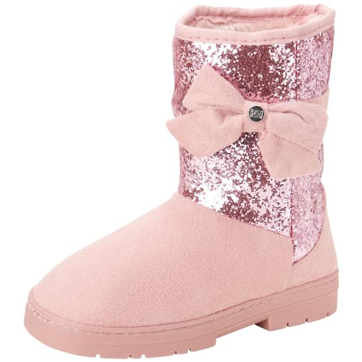 bebe Girls Winter Micro Suede Boots with Rhinestone Embellished Logo & Bow, Blush Glitter, Size 2 Little Kid