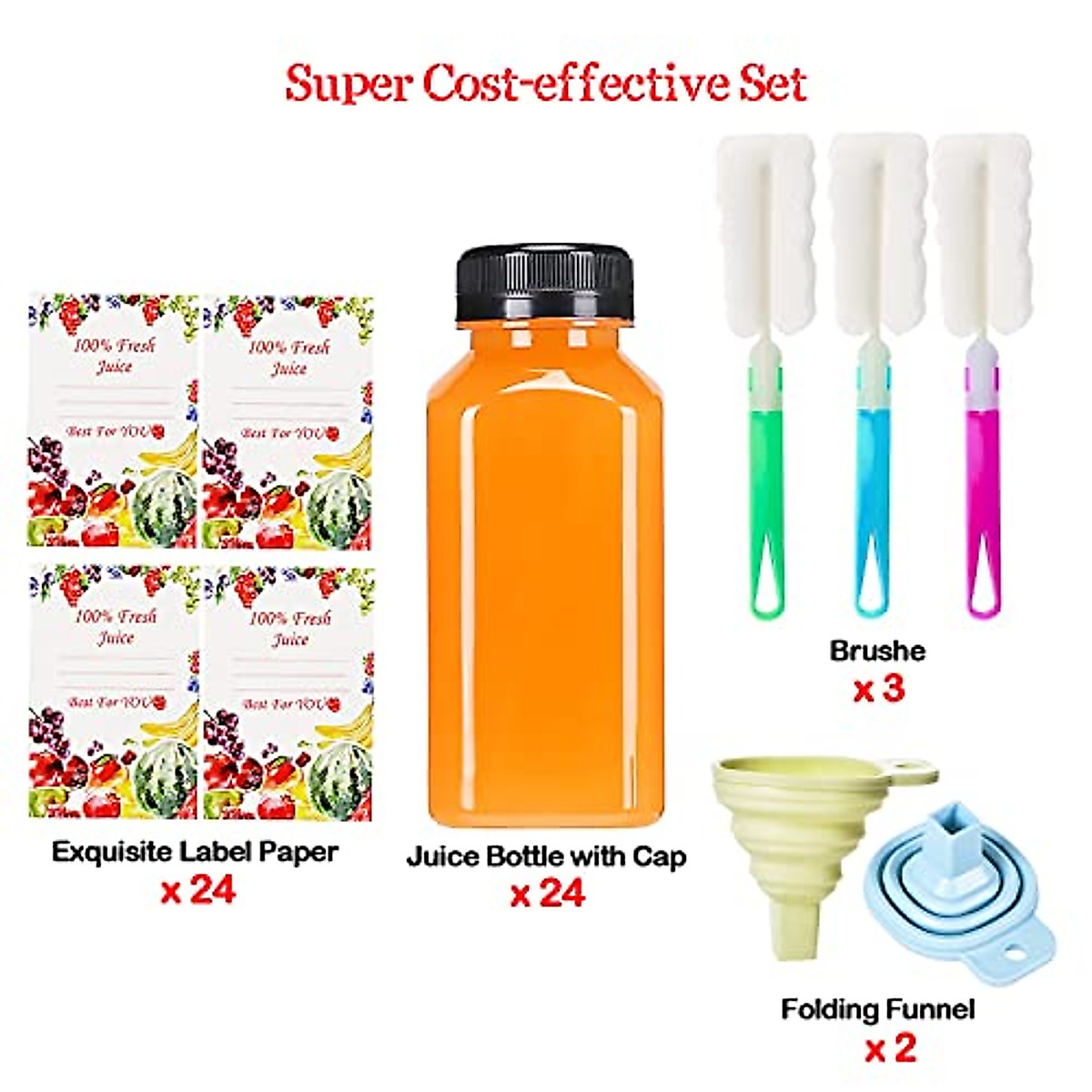 ookizom 24 Pack 8oz Plastic Juice Bottles with Caps, Perfect for Your Water, Juice or Smoothie, Reusable Clear with 3 Brushes & 2 Folding Funnels & Exquisite Label Paper