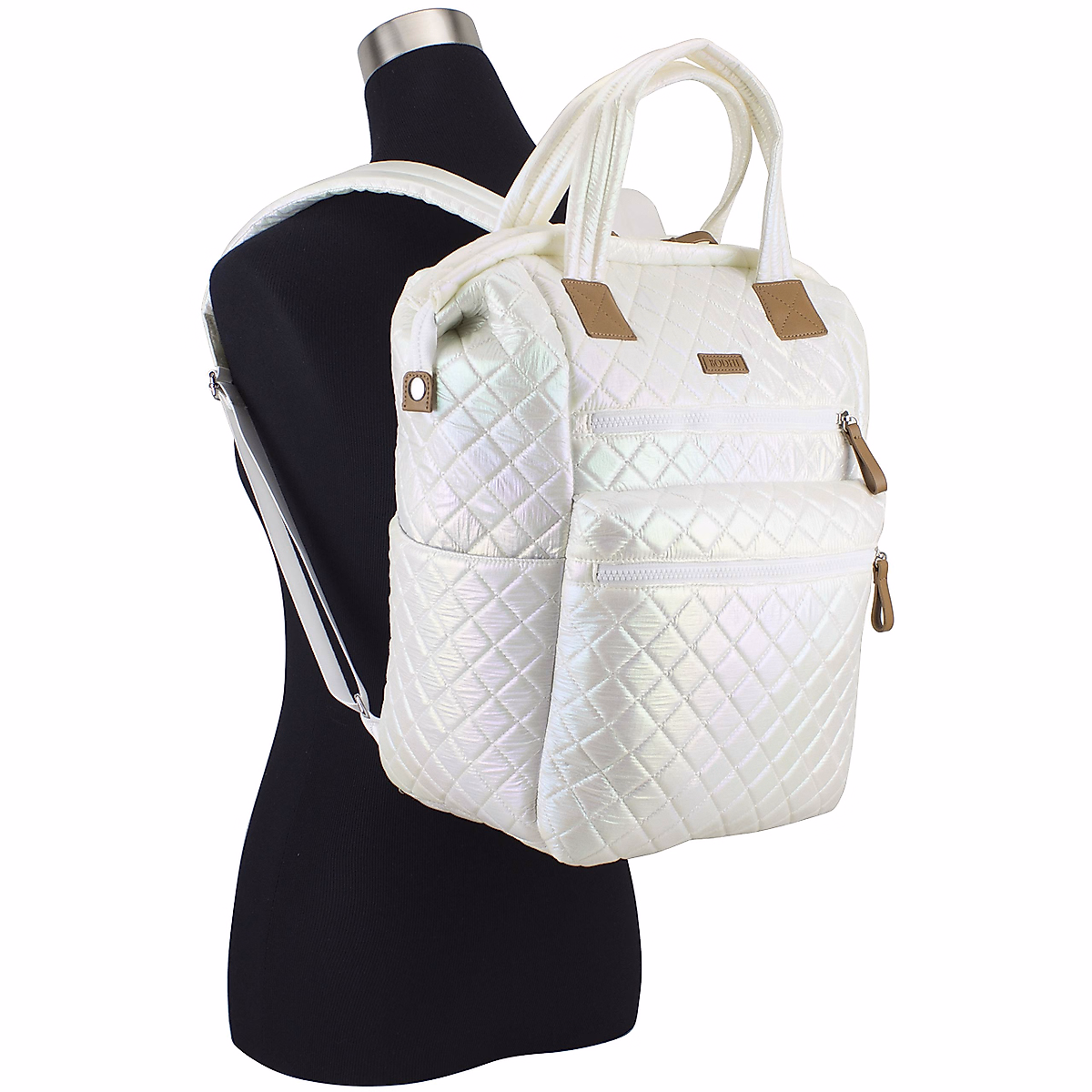 BODHI Quilted Luxe Top Handles Backpack with Trolley Sleeve - White Iridescent