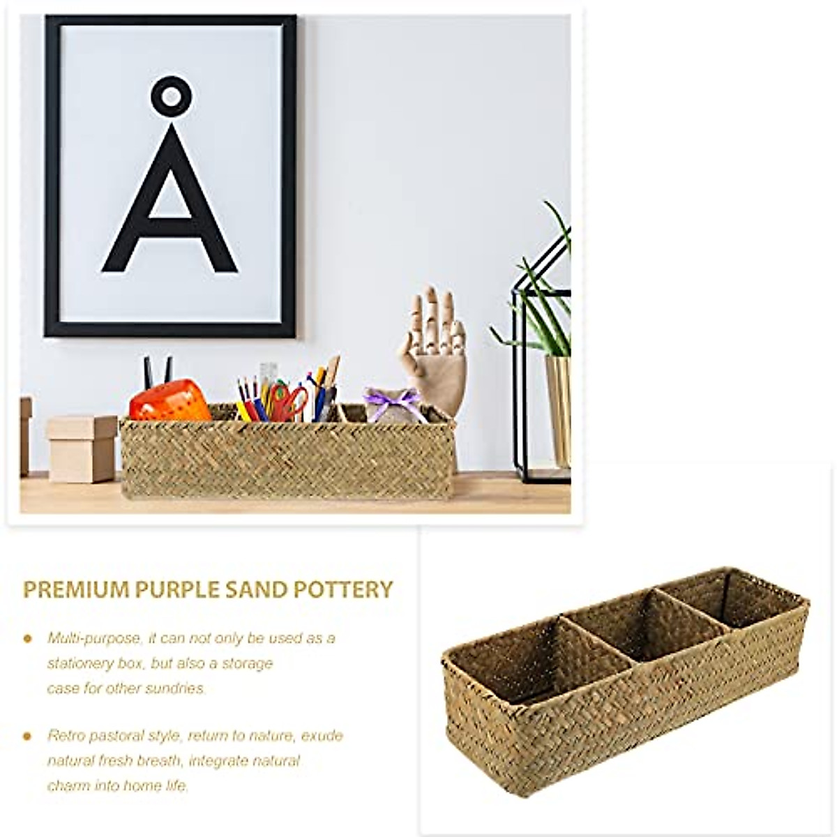 YARNOW Woven Shelf Baskets Storage Baskets Seagrass Wicker Baskets Makeup Holder Organizer Divided Storage Bins Box Container Sundries Organizer Cosmetic Storage Box for Bedrooms Home