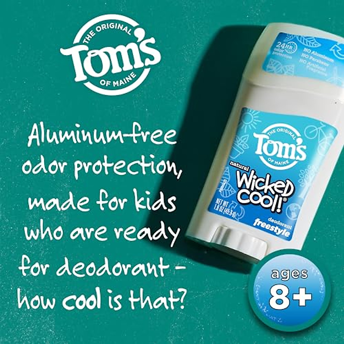 Tom's of Maine Aluminum-Free Wicked Cool! Natural Deodorant for Kids, Freestyle, 1.6 oz. 3-Pack (Packaging May Vary)