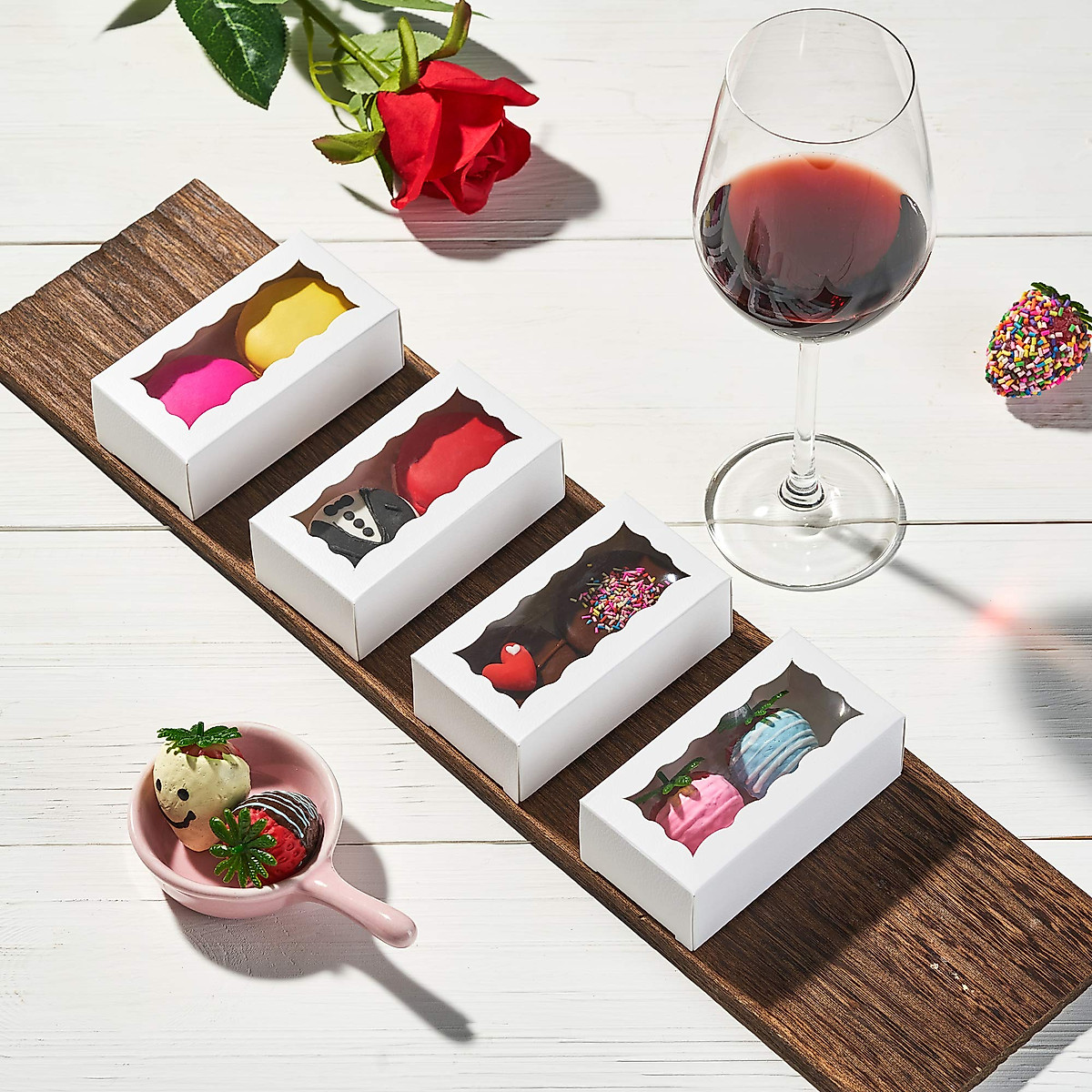 JCXPACK 50PCS 4.17 x 2.16 x 1.37 Inches White Macaron Gift Boxes for 2, Chocolate Covered Ores Boxes, Macaron Packaging for Wedding, Party, Thank You Favors