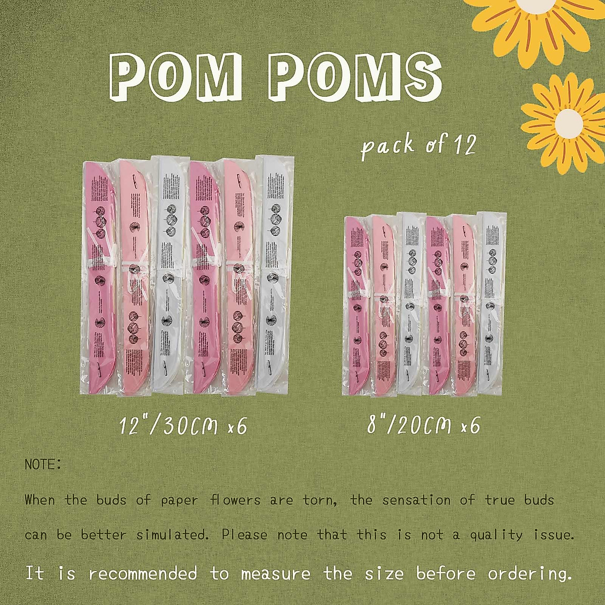 iwlorys 12Pcs Pink White Tissue Paper Pom Poms Flowers 12" 8" for Wall Pink Party Decorations Kit Girls Birthday Baby Bridal Shower Wedding Nursery Mexican Floral Garden Tea Party Centerpieces