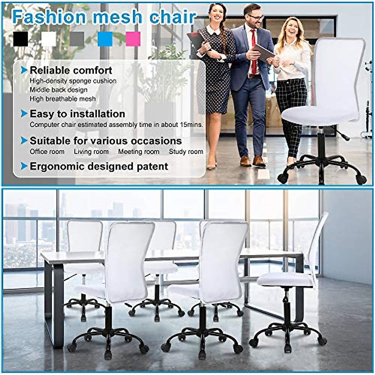 BestShop Home Office Chair Computer Chair Mid Back Mesh Chair, Desk Chair Height Adjustable Modern Task Chair No Armrest Rolling Swivel Chair Student Office Chair with Wheels,White