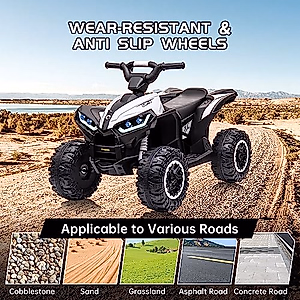 ACONEE Kids Ride on ATV, 12V 4 Wheeler Battery Powered Quad Toy Vehicle with Music, Horn, High Low Speeds, LED Lights, Electric Ride On Toy, Soft Start, for Boys & Girls Gift, Ride (White)
