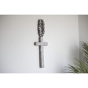 Foreside Home & Garden White Brushed Wood Cross with Beaded Hanger Wall Décor