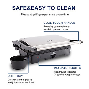 JKM Panini Press Grill, Sandwich Maker with Non-stick Plates, Opens 180 Degrees for Any Size, Indicator Lights, Electric Indoor Grill
