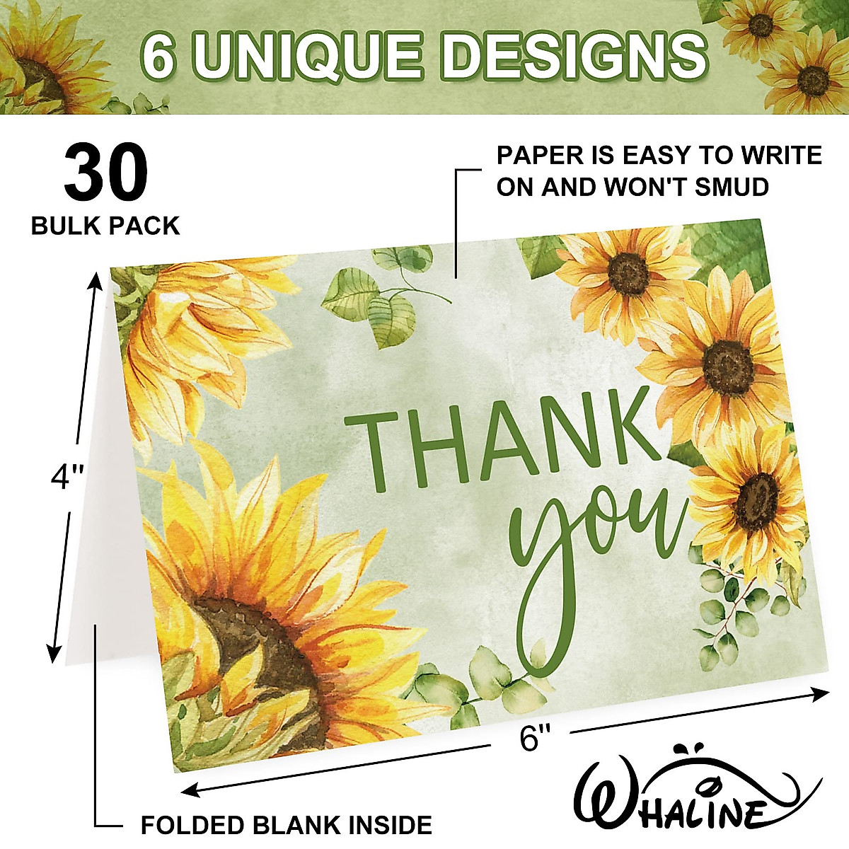 Whaline Sunflower Thank You Cards Bulk 30 Pack Watercolor Thank You Note Cards with Matching Seal Stickers Envelopes Spring Summer Floral Greeting Cards for Baby Shower Wedding Bridal Birthday Party