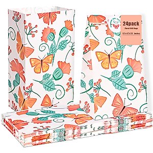 Shindel 24PCS Paper Gift Bags with Stickers, Butterfly Candy Bags Floral Treat Bags Party Favor Goodie Bags for Women Girls Birthday Party Tea Party