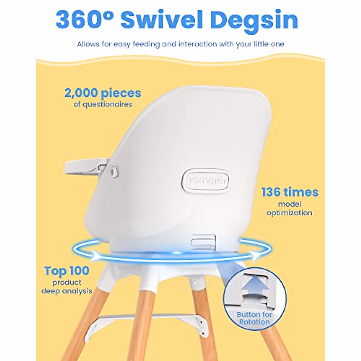 Baby High Chair for Babies and Toddlers, [ 360° Swivel ] 3-in-1 Wooden Baby Feeding High Chair, Toddler Infant High Chairs, Save Space/Easy to Clean/One-Min Assemble