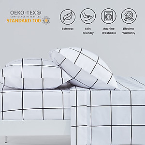 SLEEP ZONE Printed Plaid Twin Bed Sheets Set for Kids 3 Piece - Double Brushed Microfiber Super Soft Breathable Bedding Sheets with 16 inch Deep Pocket (Black Grid Printed on White)