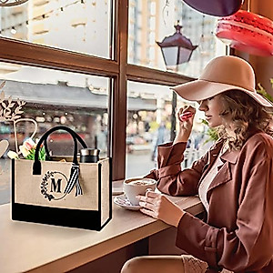 Yougeigy Initial Canvas Beach Bag, Canvas Tote Bag with Zipper Pocket, Embroidery Monogrammed Personalized Gift Bag for Mother Teacher, Bridesmaid Gifts for Women Friends(Letter M)