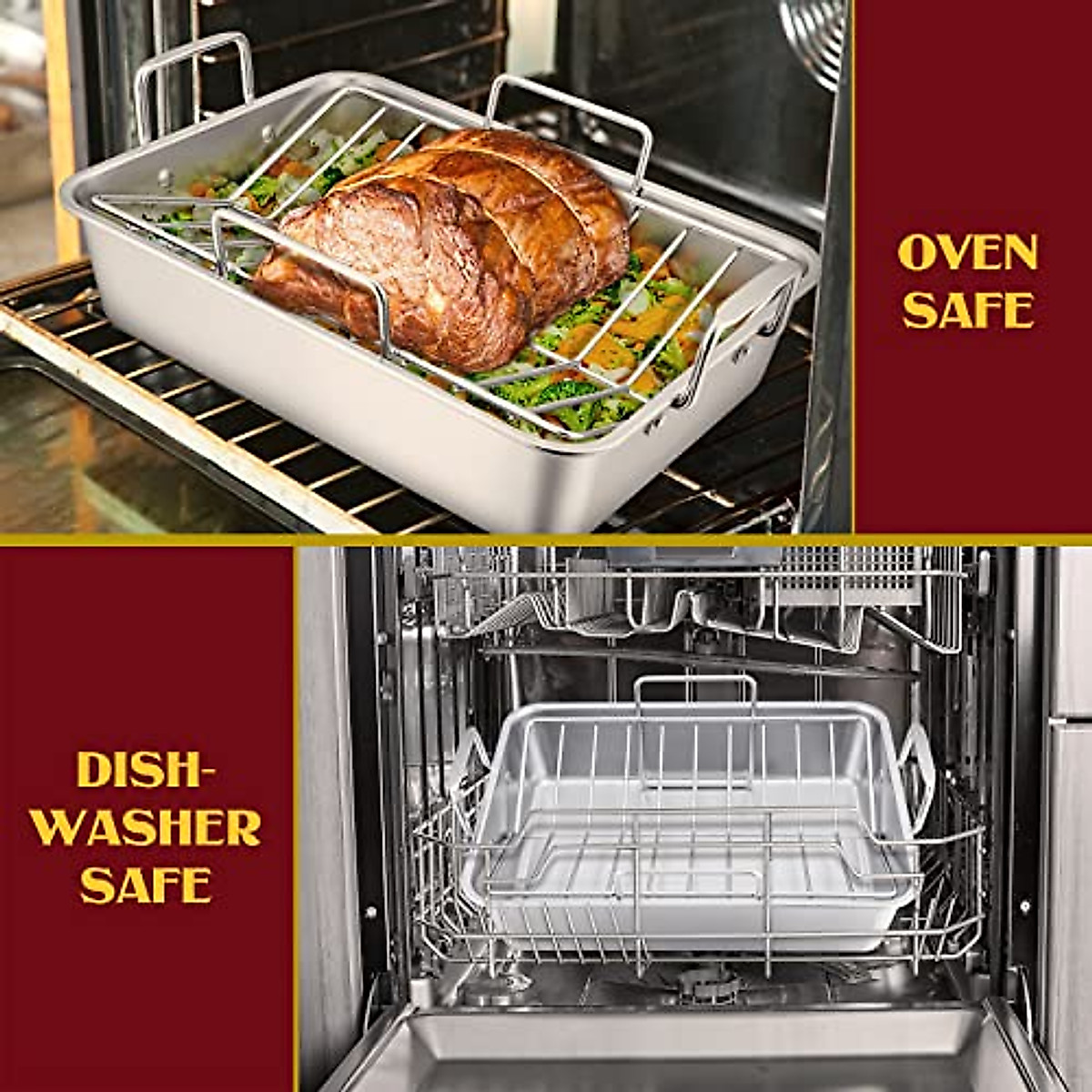 Stainless Steel Roasting Pan, E-far 14 x 10.6 Inch Heavy Duty Turkey Roaster with V Rack & Baking Rack Set, Small Metal Deep Broiling Pan for Oven Cooking Lasagna Meat Chicken - Dishwasher Safe