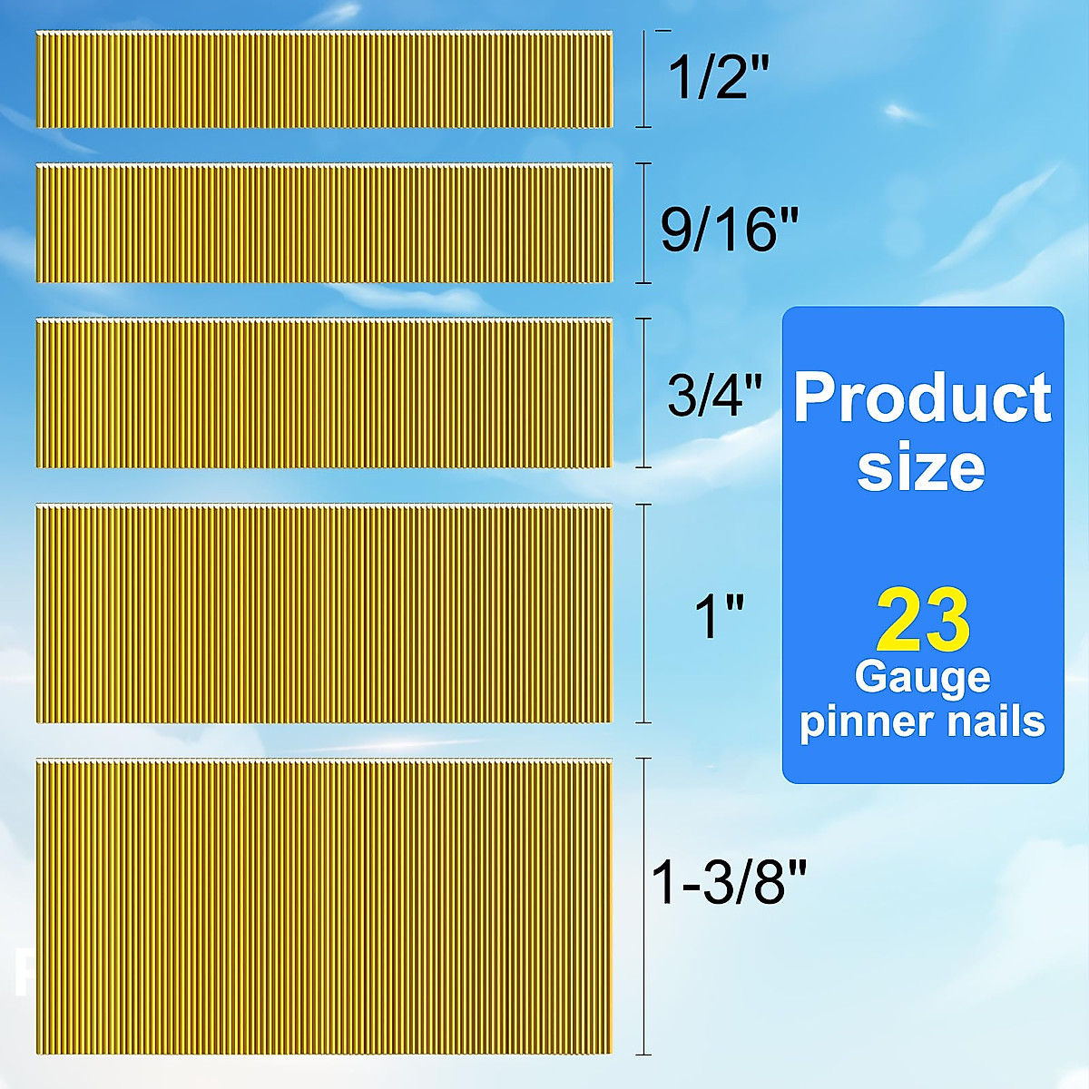 SimCos 23 Gauge Pinner Nails (1/2",9/16",3/4",1",1-3/8") 5000 pcs Assorted 5 Sizes' Headless Pin Nails for 23 GA Pneumatic or Electric Pinner or pin Gun,Project Pack