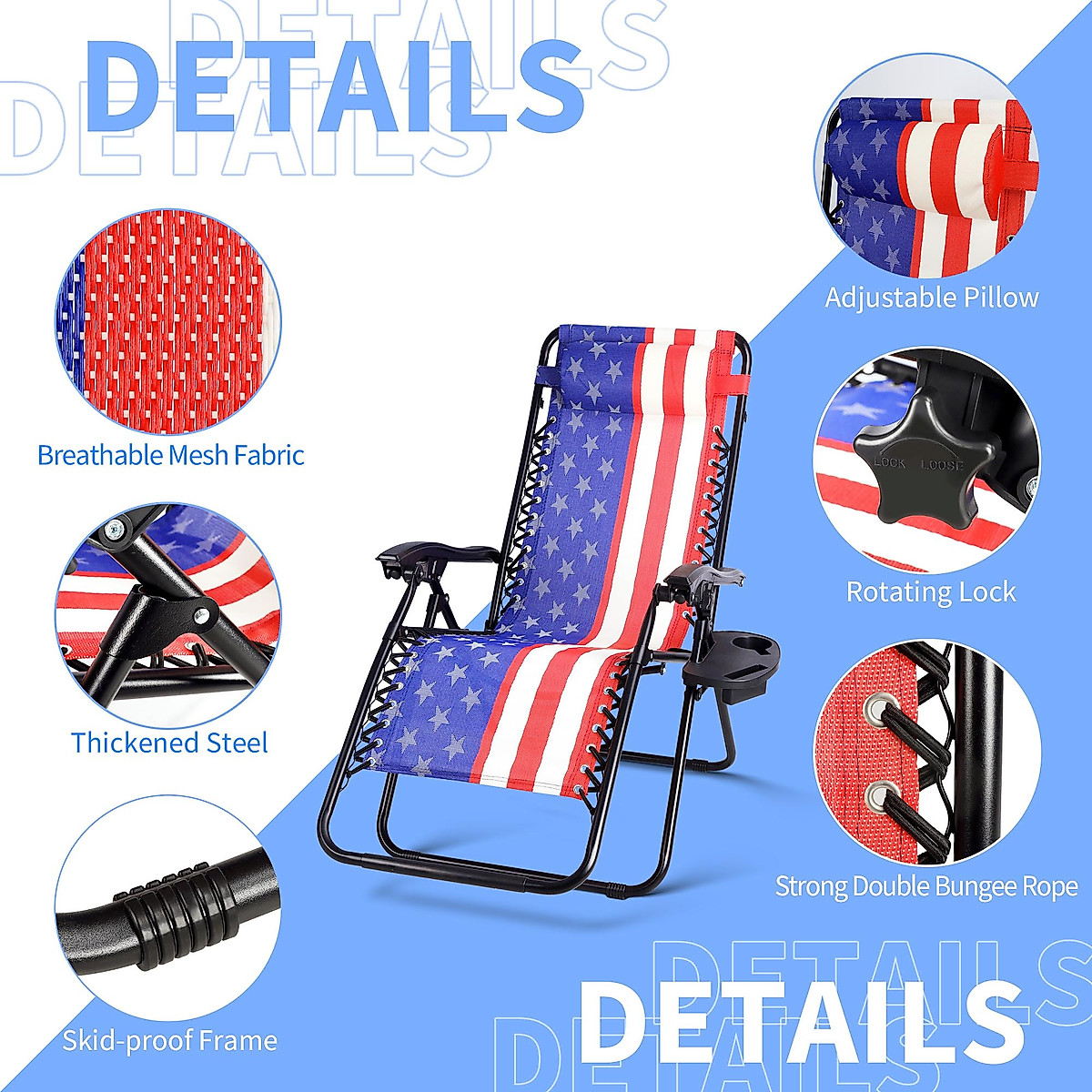 Colorsoul Zero Gravity Chairs Set of Two, Outdoor Adjustable Folding Reclining Lounge Chairs, with Head Pillow and Holder Tray, for Poolside Backyard and Beach (American Flag)