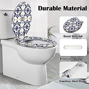 Elongated Toilet Seat Spanish tile pattern seamless blue white ornament Portuguese mexican Resin Toilet Seat Quietly Slow Close with Quick-Release Hinges Toilet Seat with Cover Easy to Clean Install