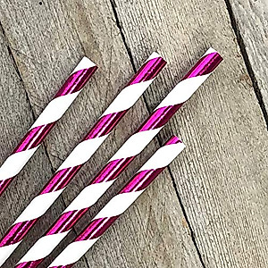 Foil Paper Straws - Hot Pink and White - Stripe Foil Paper Straws - Birthday, Valentine, Glam Party Supply - 100 Pack Outside the Box Papers Brand