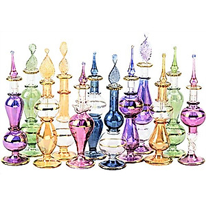 Egyptian Perfume Bottles Wholesale Set Of 12 Size 4” mouth-blown with handmade golden Egyptian decoration for Perfumes & Essential Oils.