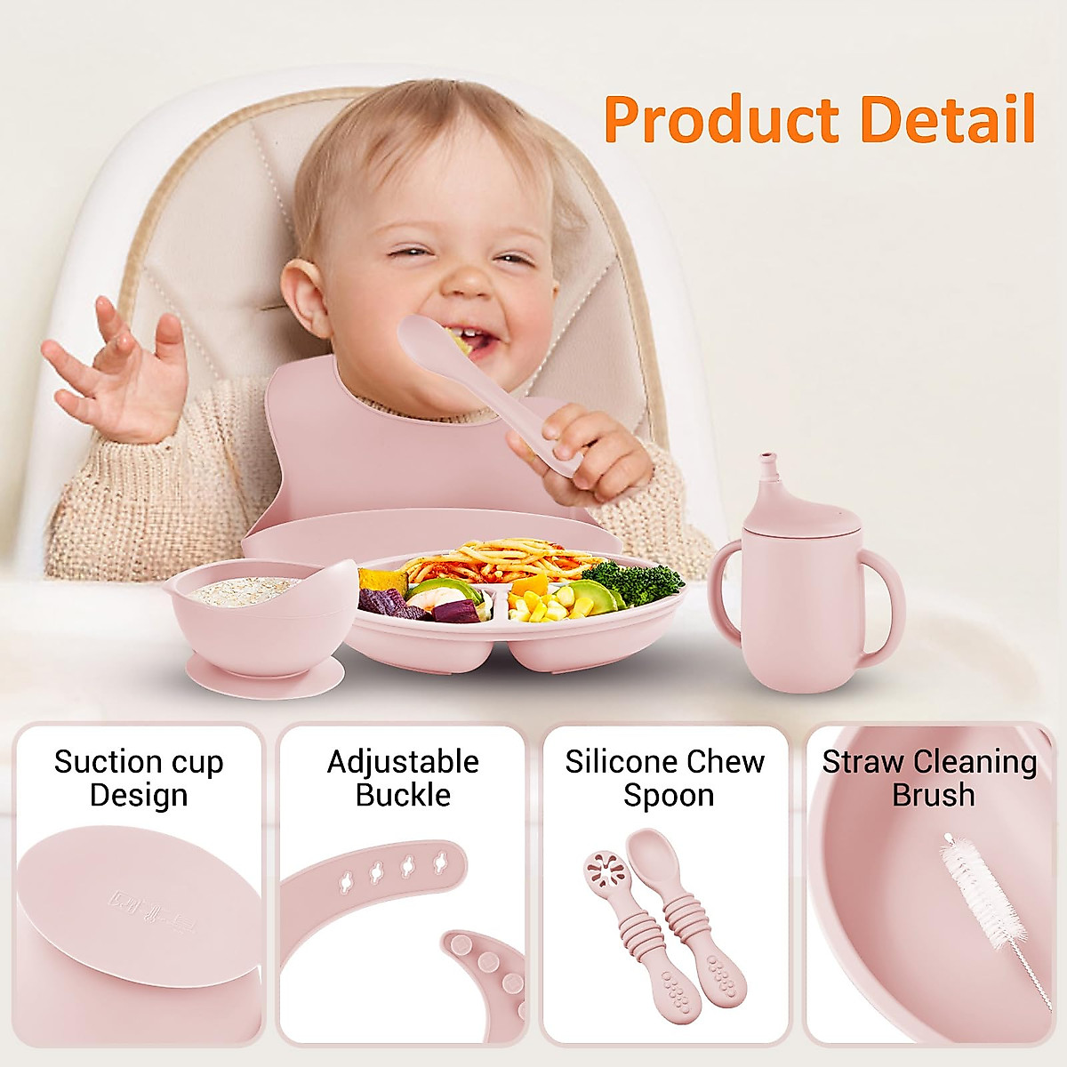 Baby Led Weaning Supplies, FOTEEMO 11-Piece Silicone Baby Feeding Set Self Feeding Baby Utensils First Food Set For 6+ Months Toddler Baby Plates with Suction (Pink)