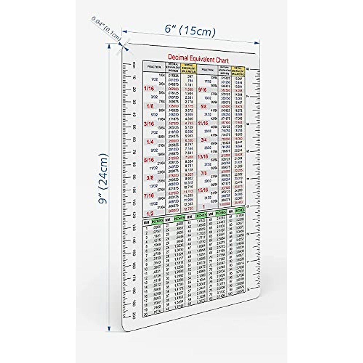 Useful Magnets 6 x 9 Decimal Equivalent Chart Flexible Magnet, Fractions - Decimals - Millimeters Conversion Chart with Inch and Metric Rulers