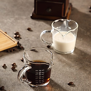 2 Pack 3oz Heat Resistant Glass Espresso Measuring Glass Espresso Shot Glass Triple Pitcher Barista Double Spouts With Pouring Handle Barista Measuring Cup Double Shot Glass (Glass Handle)