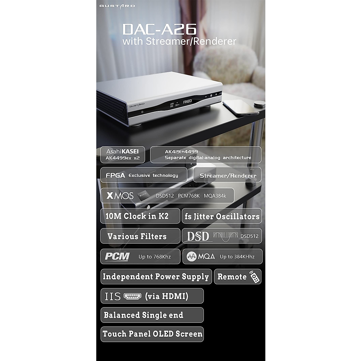 Gustard A26 MQA Decoder Dual AK4499EX & AK4191 Support DSD512 PCM768K MQA384K DAC-A26 with Streamer/Renderer (33 * 26 * 6.5cm, Silver, 1)