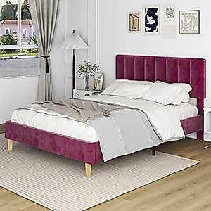Yegee Full Bed Frame/Velvet Upholstered Platform Beds with Adjustable Headboard/Strong Wooden Slats/Mattress Foundation/Easy Assembly/Wooden Feet/No Box Spring Required(Burgundy, Full)