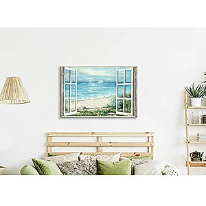 ARTISTIC PATH Window Picture Seascape Wall Art: Sailboat Beach Scene Artwork Painting on Canvas for Office (45" W x 30" H,Multi-Sized)