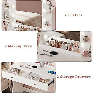 ALEXNUTRE Makeup Vanity Desk with Mirror and Lights, Vanity with Power Outlet, 3 Lighting Color Adjustable for Bedroom, Large Drawers and Storage Shelves, White