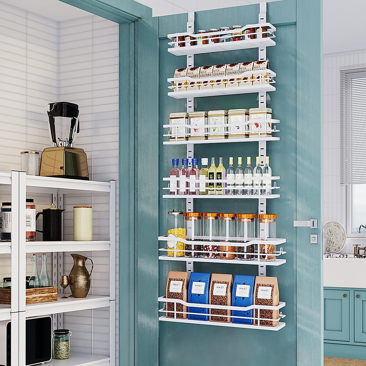 Eastherry Over The Door Pantry Organizer，6-Tier Over The Door Organizer with Adjustable Basket，Metal Hanging Pantry Organizers and Storage for Kitchen, Back of Door Seasoning Rack (White)