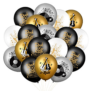 50Pcs Rock and Roll Music Balloons Black Gold Hip Hop Party Decorations Balloons Retro Guitar Music Themed Latex Balloon for Men Women Rock 80's 90's Birthday Rock Star Disco Party Supplies