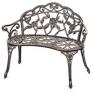 HGS Garden Bench Patio Benches Park Yard Outdoor Bench Furniture Cast Aluminum Rose Antique Metal Porch Path Bench Durable Lawn Bench, Bronze