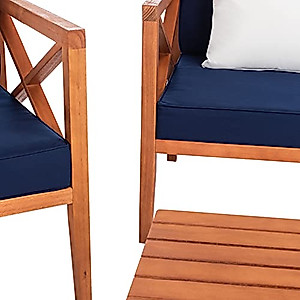 Safavieh PAT7031E Collection Nunzio Teak 4 Pc Accent Outdoor Set, Natural/Navy + Solid Pillow