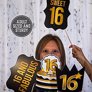 16th Birthday Photo Booth Props by PartyGraphix. DIY 16th Birthday Party Props Kit (34 Count, Black and Gold)