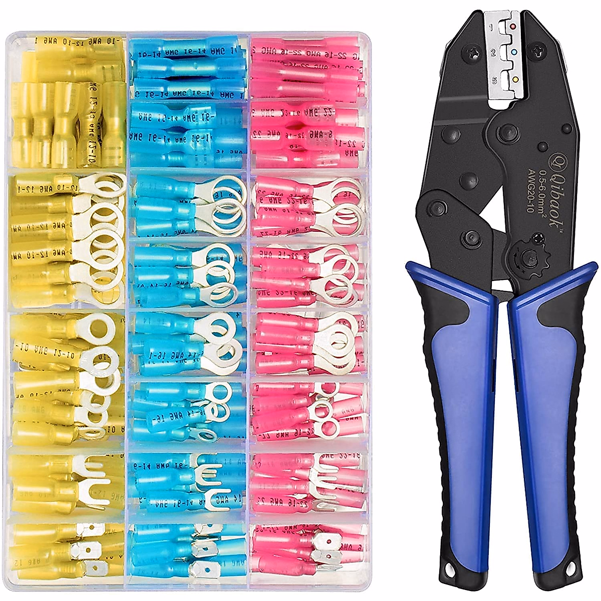 Crimping Tool Qibaok Ratcheting Wire Crimper for Heat Shrink Connectors with 250pcs Heat Shrink Wire Connectors for AWG 20-10