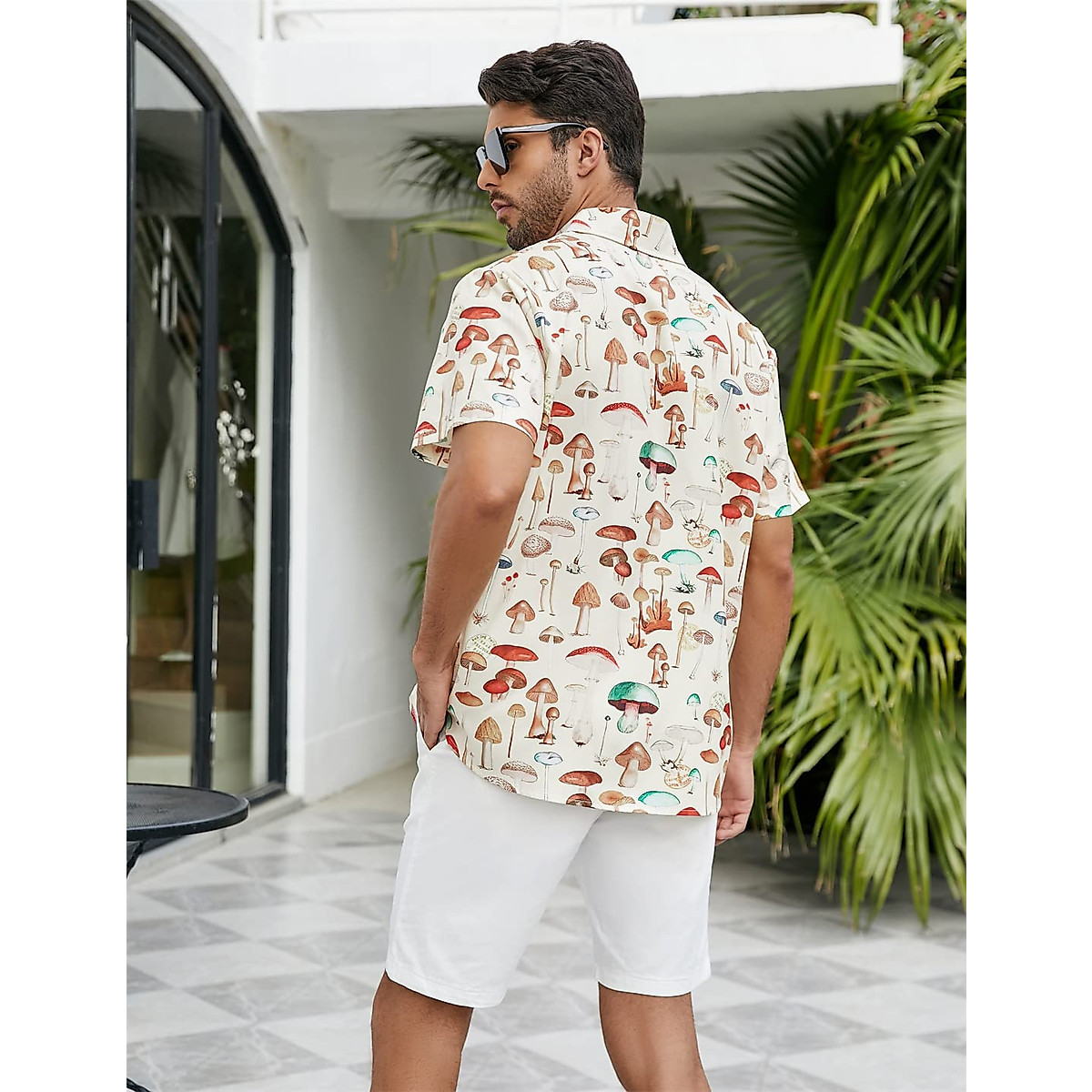 PAODIKUAI Mushroom Shirts for Men Hawaiian Short Sleeve Button Down Cute Mushroom Printed Shirt (Mushroom Yellow, Large)