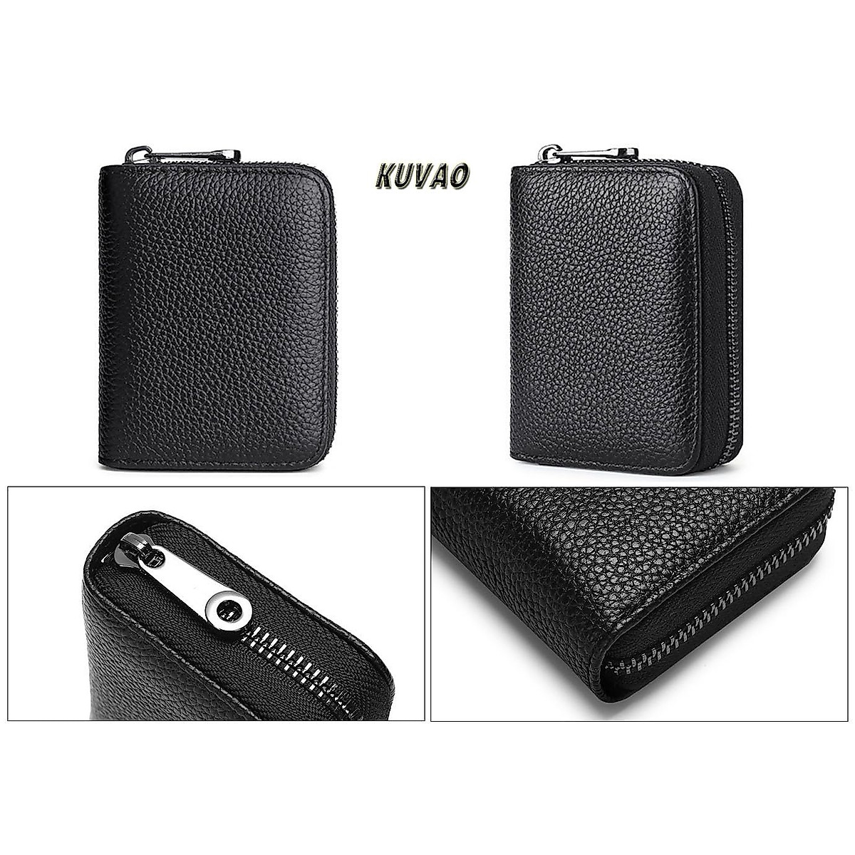 KUVAO RFID Blocking, Leather Credit Card Holder Zipper Wallet With 20 Card Slots, Small Card Case for Women or Men Accordion Wallet with Zipper (Blcak)