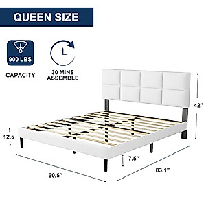 Molblly Queen Bed Frame Upholstered Platform with Headboard, Strong Frame and Wooden Slats Support, Linen Fabric Wrap, Non-Slip and Noise-Free,No Box Spring Needed, Easy Assembly, Off-White