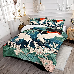 CCoutueChen Cherry Blossom Crane Comforter Duvet Cover Queen Japanese Ukiyo Bedding Set with Zipper Closure Oriental Flower Bird Comforter Cover Aesthetics Duvet Cover with 2 Pillowcases?Kids Adult ?