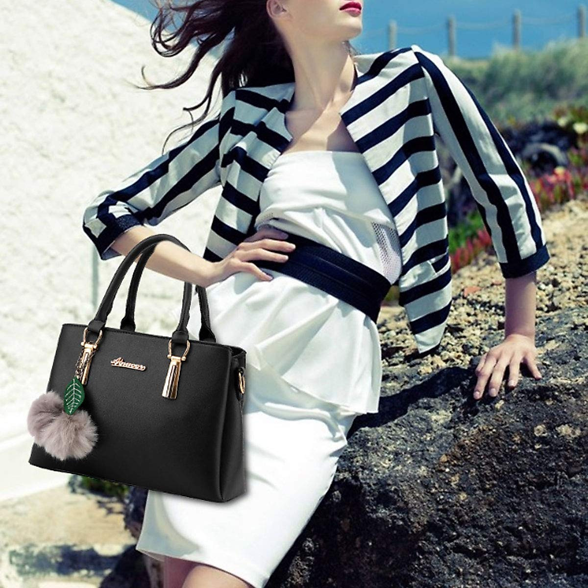 YOUNXSL Women Satchel Bags Handle Shoulder Handbags and Purses Pockets Zipper PU Leather Crossbody Bags Light Blue