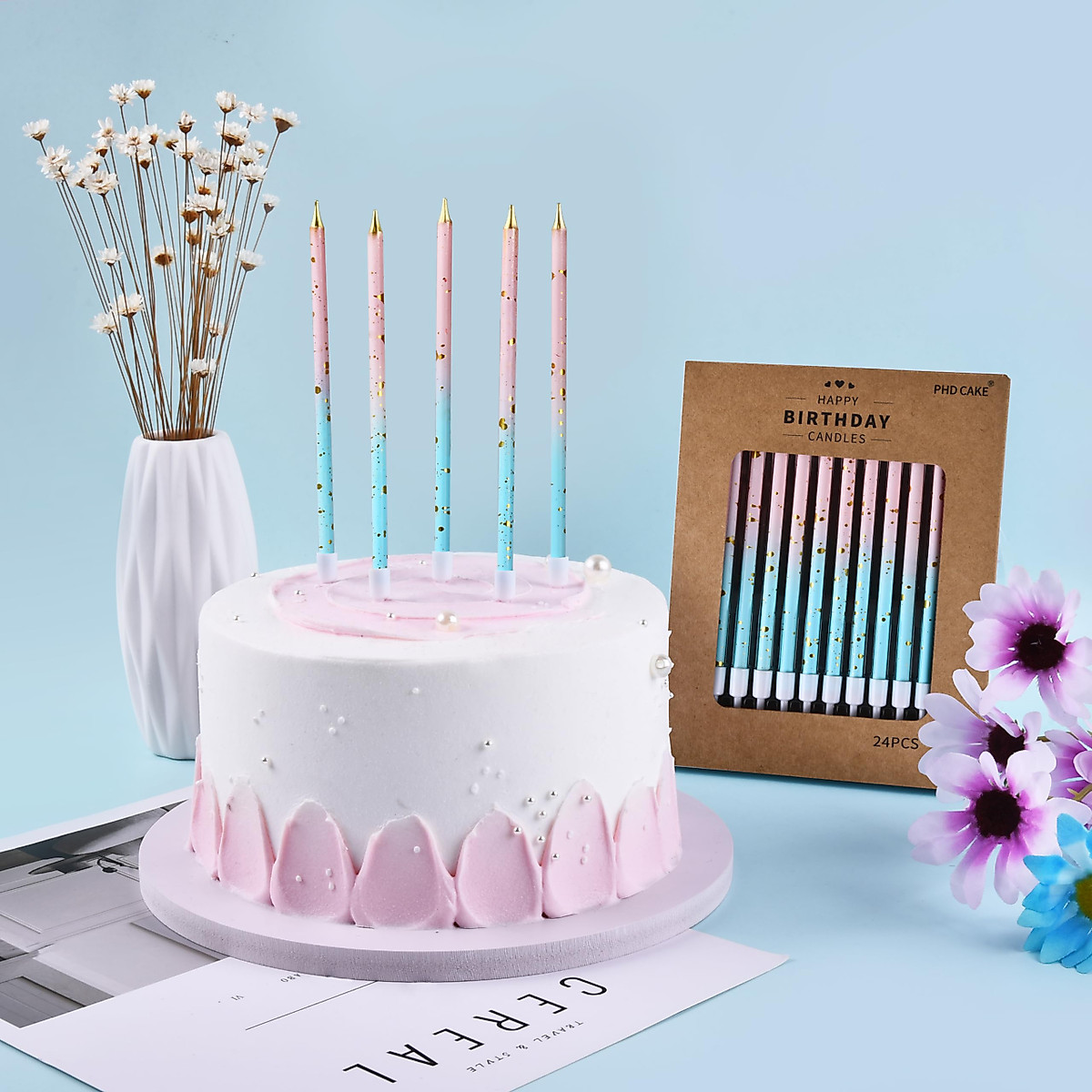 PHD CAKE Pink Blue Gold Long Thin Birthday Candles, Cake Candles, Birthday Parties, Wedding Decorations, Party Candles