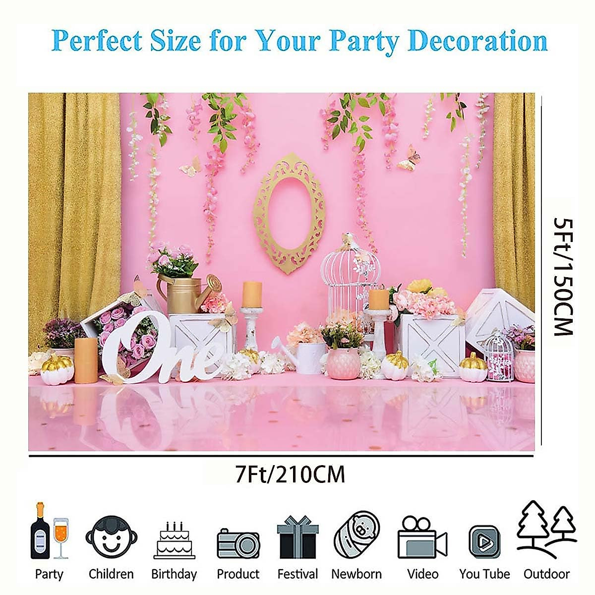 Girl 1st Birthday Photography Background Pink Floral Garden Girl Princess 1st Birthday Party Decorations Backdrop Pink Gold Girl First Birthday Party Backdrops One Year Old Cake Smash Banner (7X5FT)