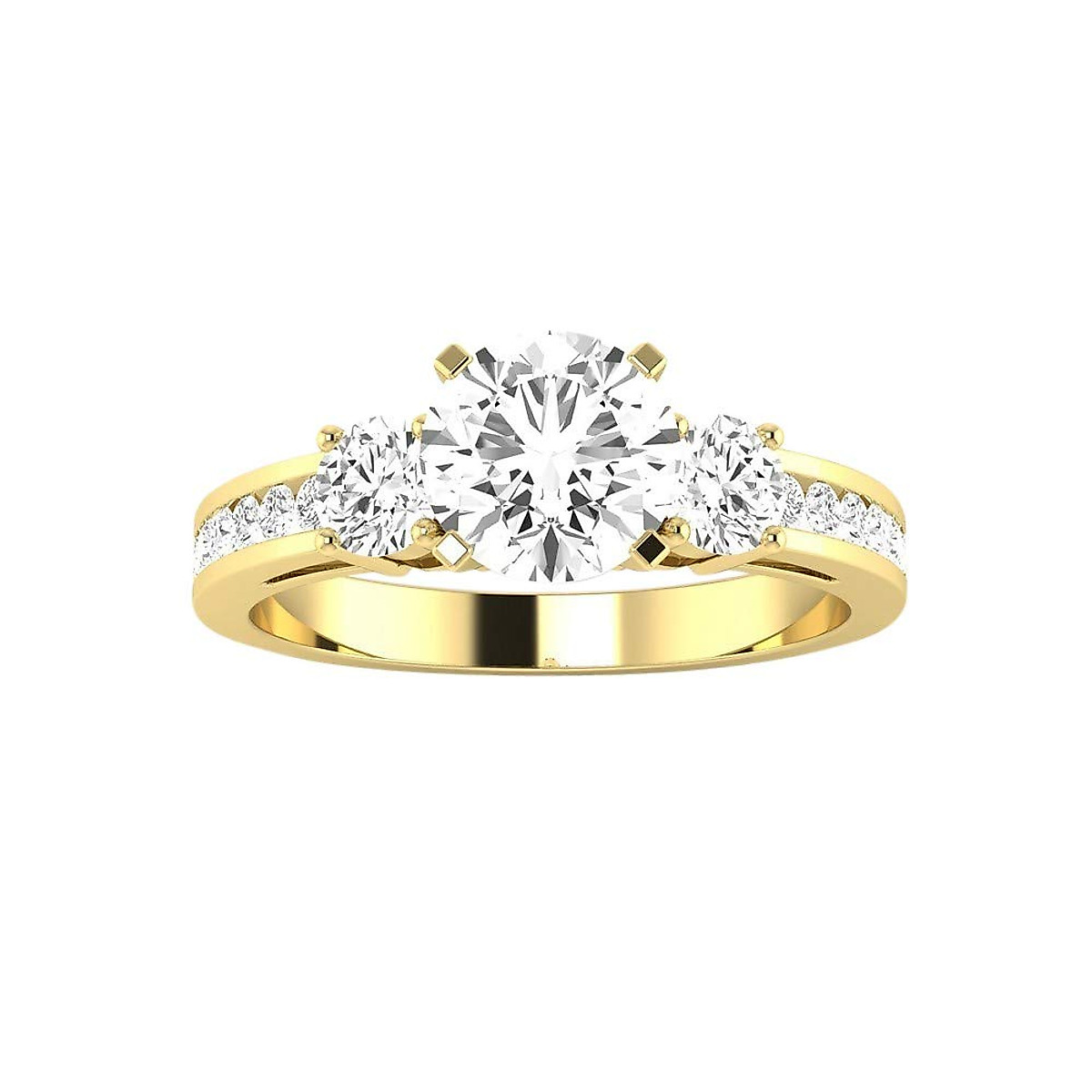 Houston Diamond District 14K Yellow Gold 2.1 CTW Round Cut Channel Set 3 Three Stone Diamond Engagement Ring, K Color I2 Clarity 1.5 Ct Center Size 7.5